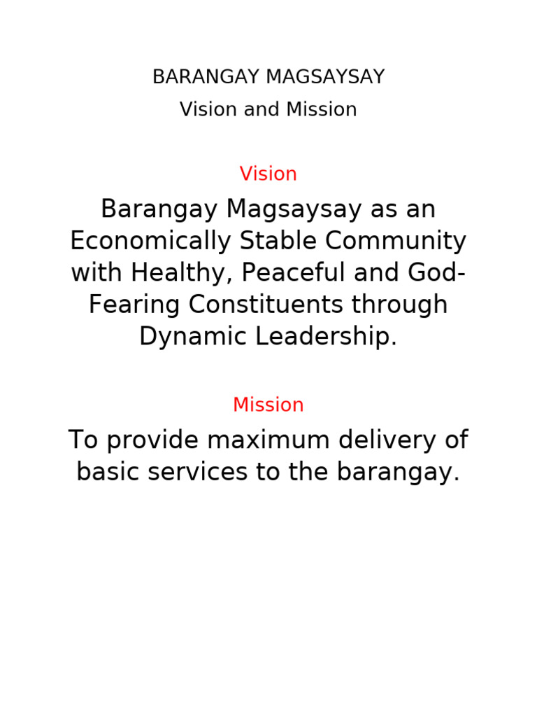 Vision and Mission of Barangay Magsaysay | PDF