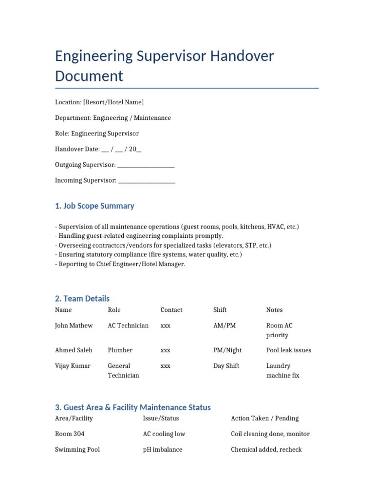 Final Engineering Supervisor Handover Resort | PDF | Elevator