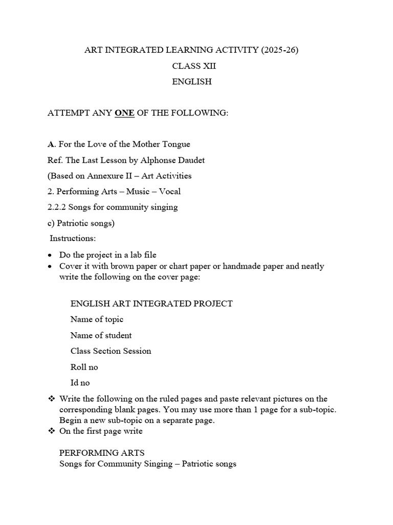 Art Integrated Learning Activity Class 12 | PDF