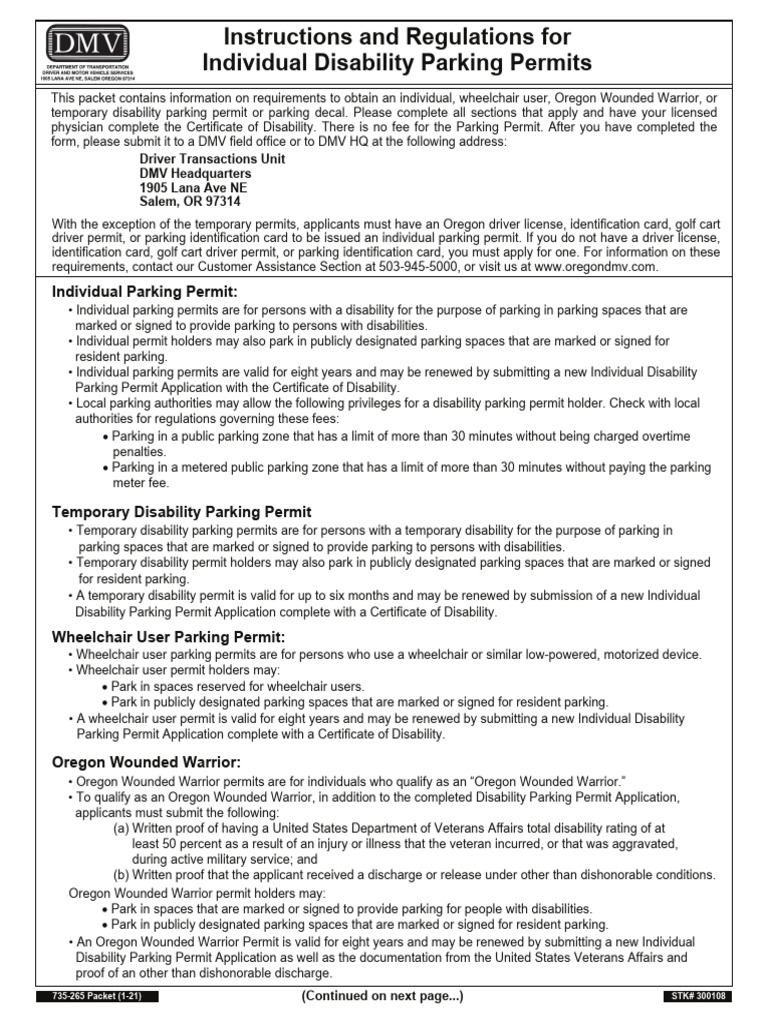Handicap Parking Permit Application Completed | PDF | Department Of ...