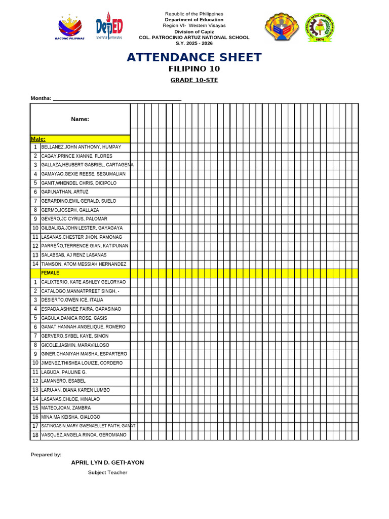 Attendance Sheet (Subject Teacher) | PDF