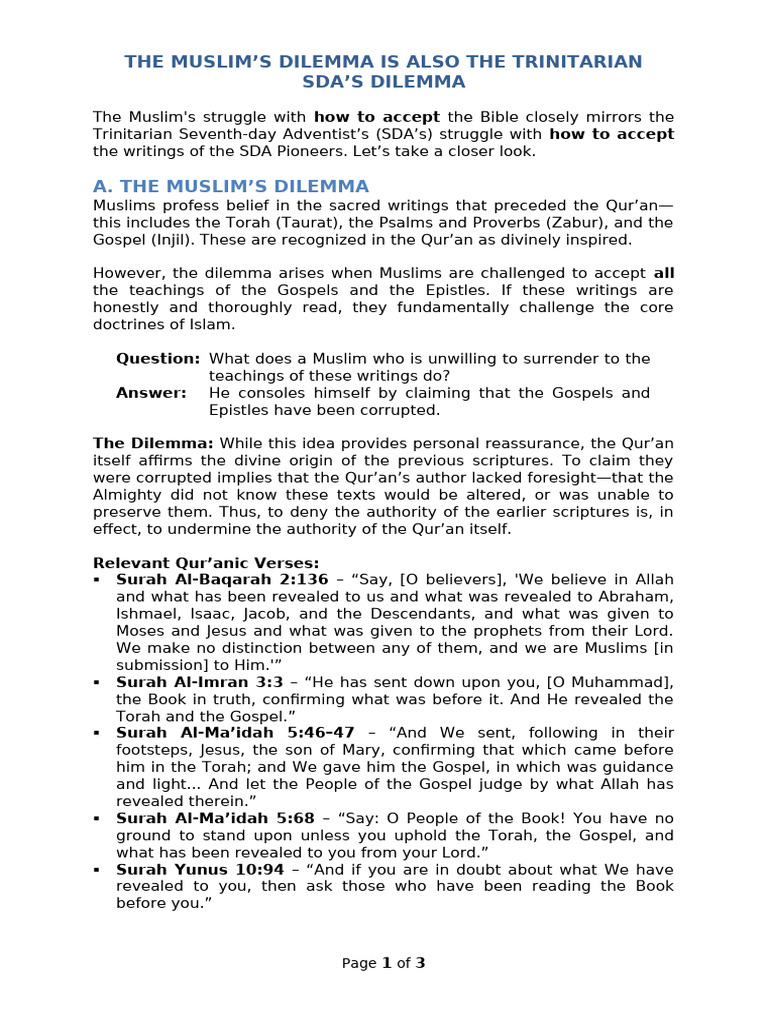 The Muslim's Dilemma Is Also The Trinitarian SDA's Dilemma - by Sidney ...