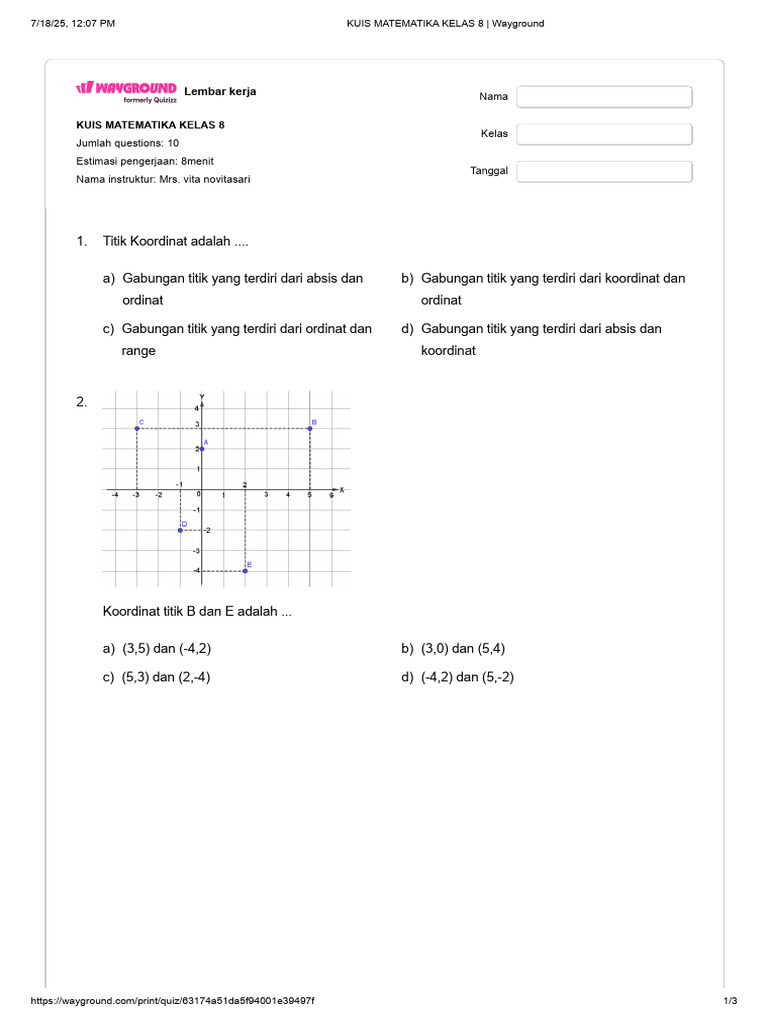 Kuis Matematika Kelas 8: Koordinat | PDF