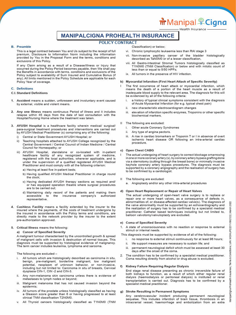 ManipalCigna ProHealth Insurance Terms | PDF | Hospital | Myocardial ...