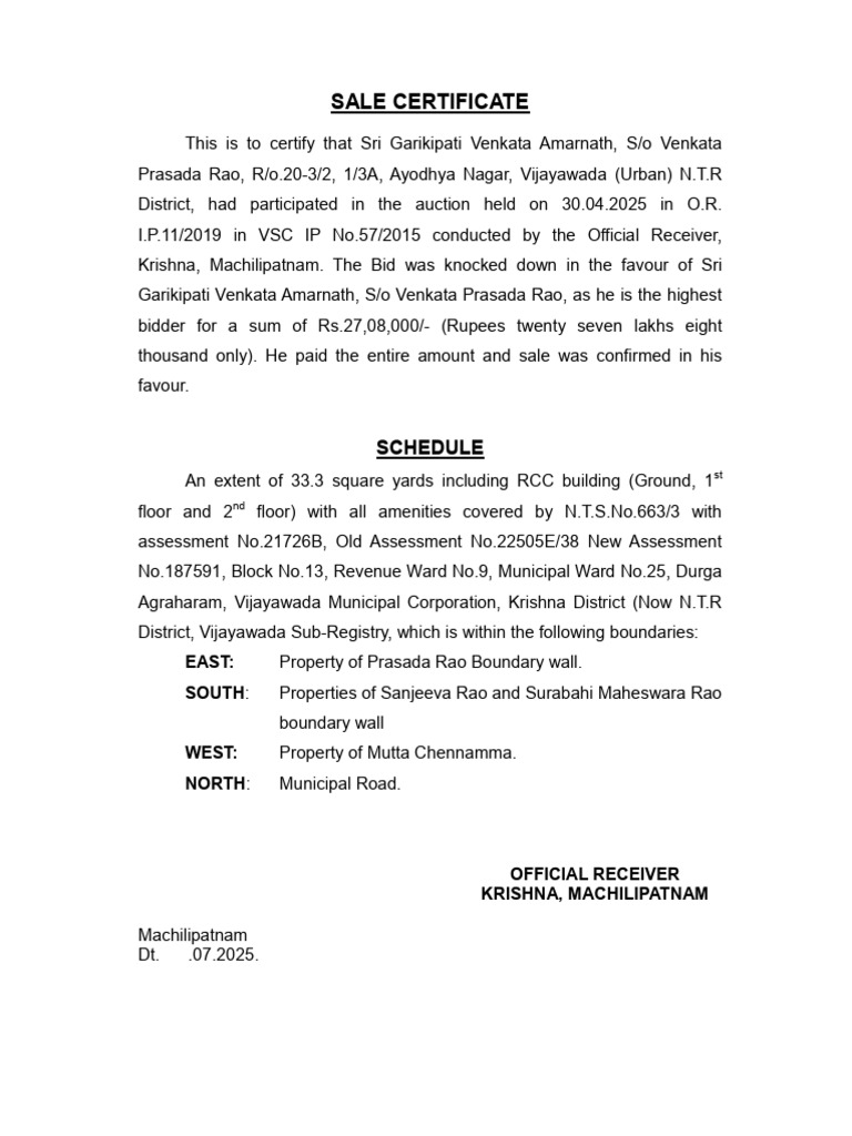 Sale Certificate for Auction Property | PDF