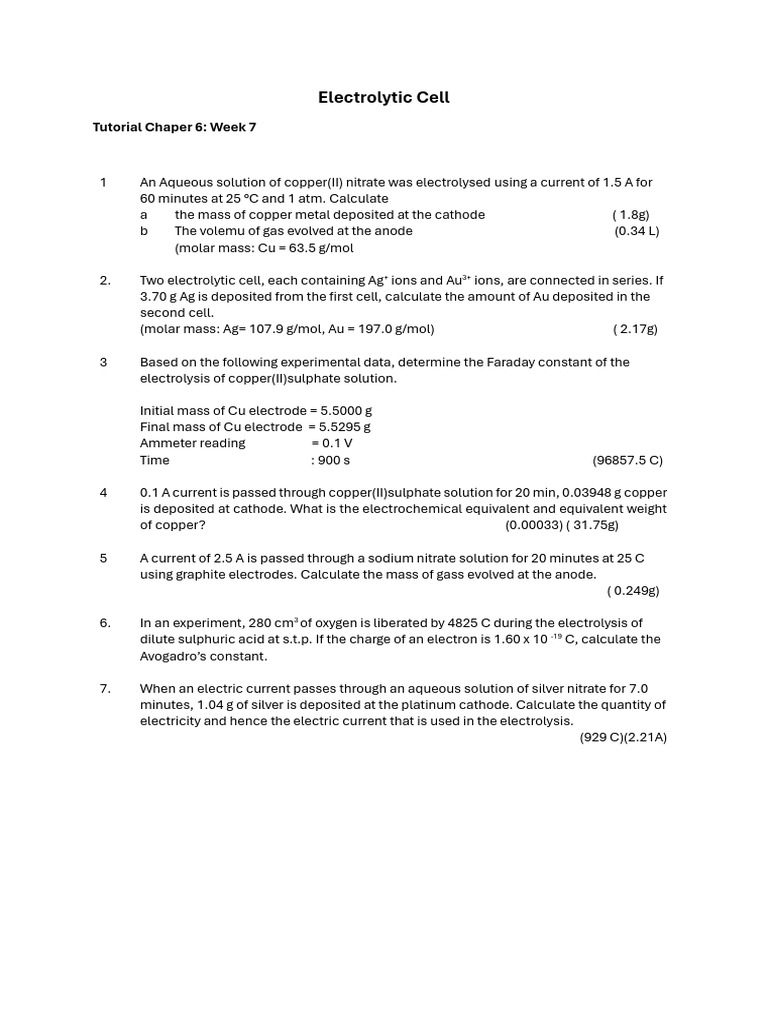 Tutorial W7 - Electrolytic Cell | PDF
