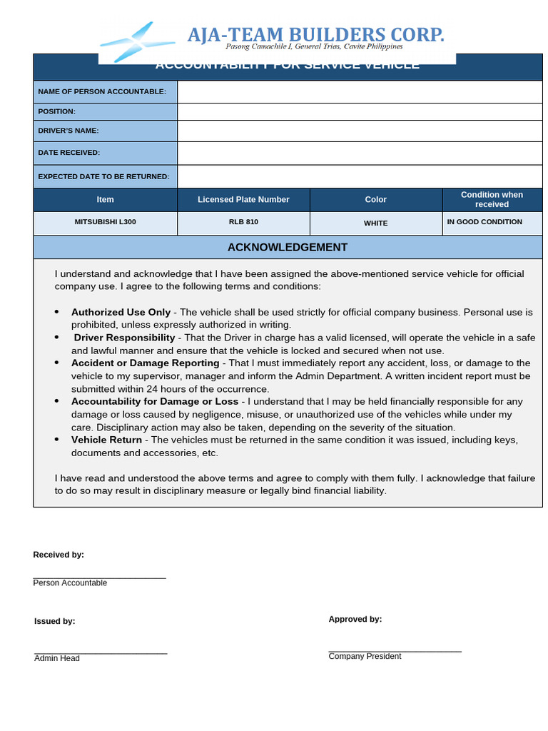 Vehicle Accountability Form | PDF