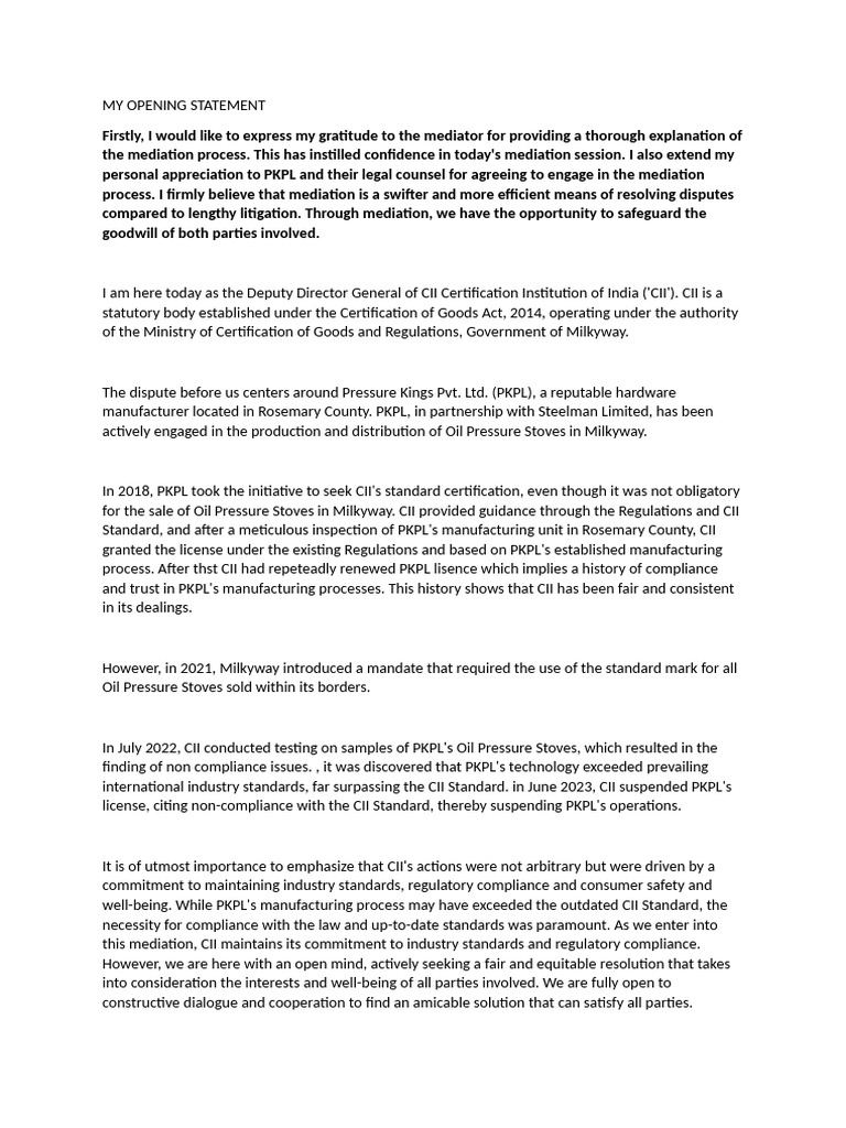 My Opening Statement | PDF | Mediation | Regulatory Compliance