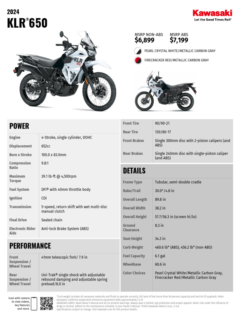 2024 Klr650 en Us Spec Sheet | PDF | Anti Lock Braking System | Brake