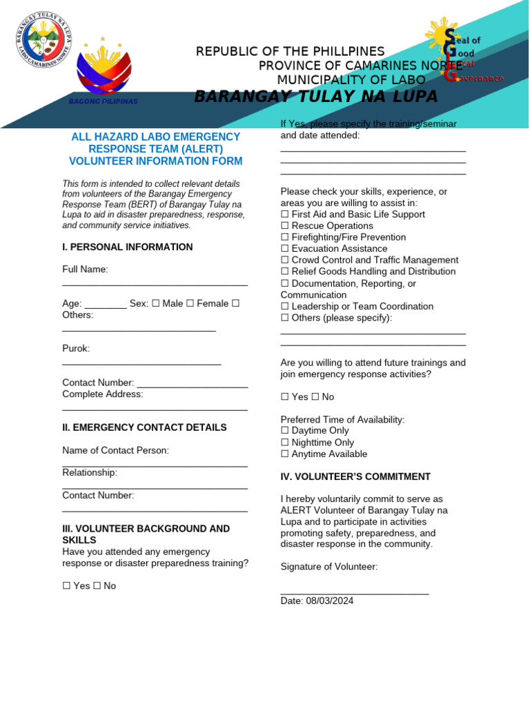 Labo Emergency Response Volunteer Form | PDF | Emergency Management ...
