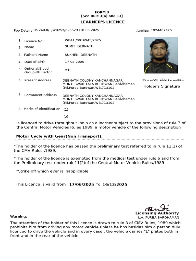 Learner's Licence Form 3 Details | PDF