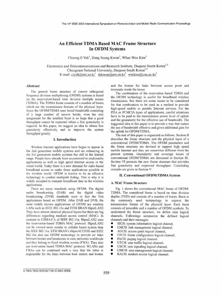 An Efficient TDMA Based MAC Frame Structure in OFDM Systems | PDF | Orthogonal Frequency ...