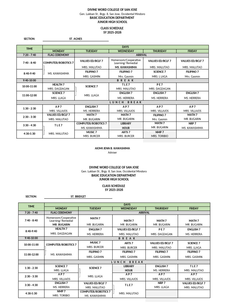 Junior High School Class Schedule 2025-2026 | PDF | Schools