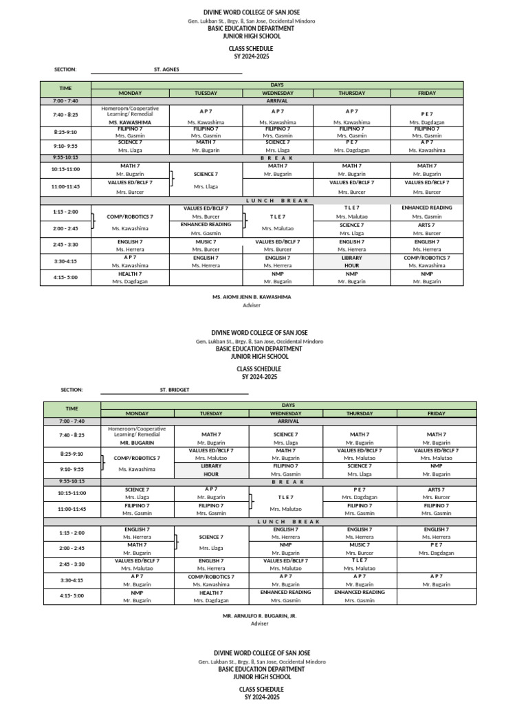 Jhs Class Sched 2024 2025 Final | PDF