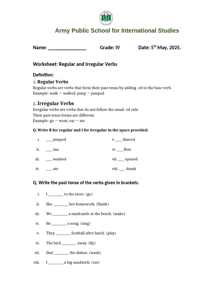 Regular and Irregular Verbs Worksheet | PDF