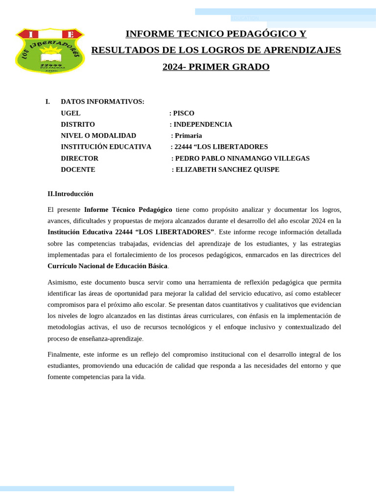 Informe Técnico Pedagógico-Primer Grado | PDF | Evaluación | Aprendizaje