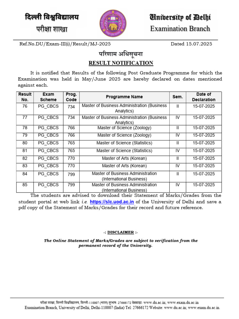 परी ा शाखा Examination Branch: University of Delhi | PDF ...