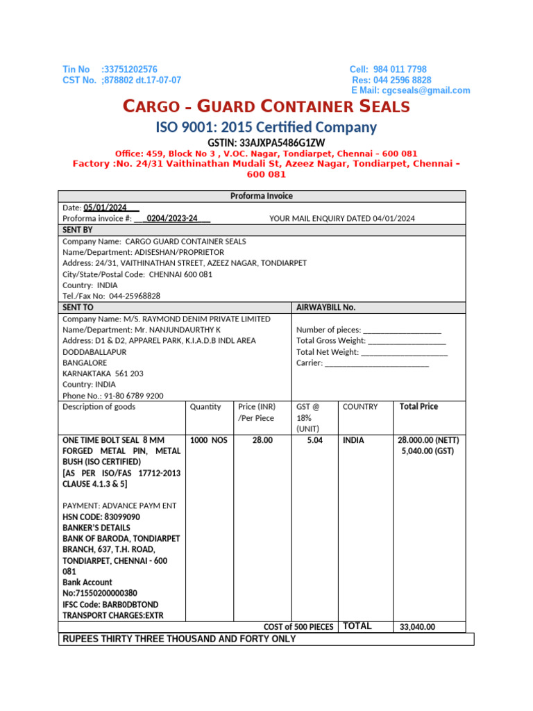 Raymond Proforma Invoice No. 204-23 24 | PDF | Supply Chain Management ...