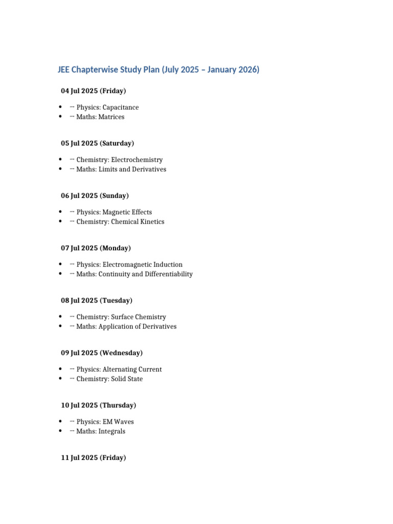 JEE Chapterwise Study Plan July To Jan | PDF | Chemistry | Mathematics