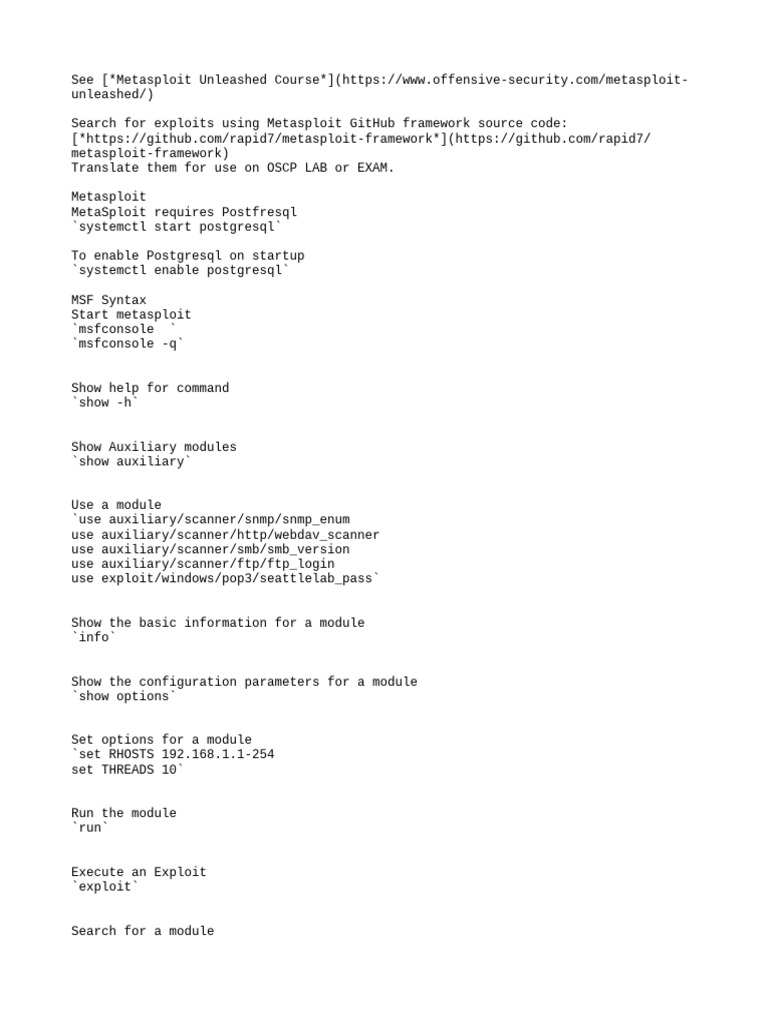 Cheatsheet Metasploit&Meterpreter | PDF | Computer Architecture | Computer Science
