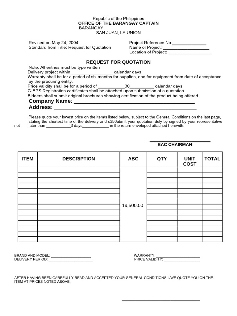 Barangay Request for Quotation Template | PDF