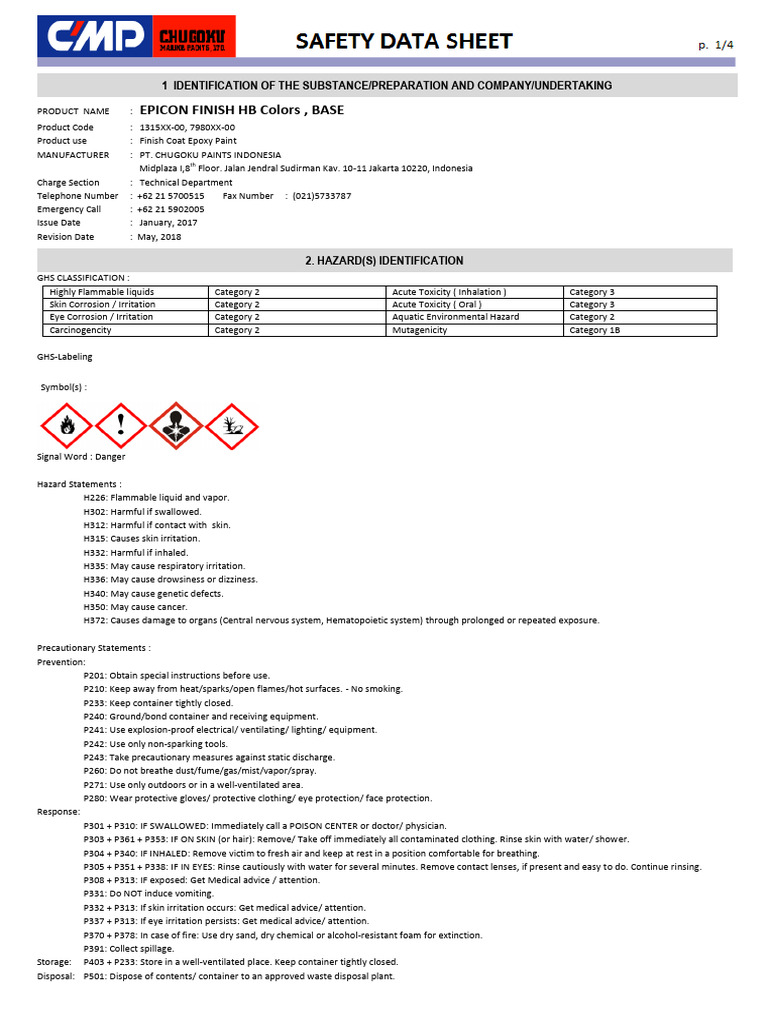 Sds Epicon Finish HB Colors Base+Hardener | PDF | Personal Protective ...