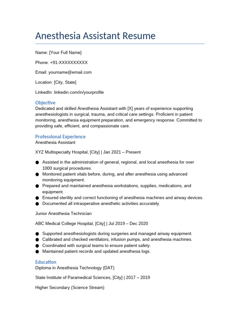 Anesthesia Assistant Resume | PDF