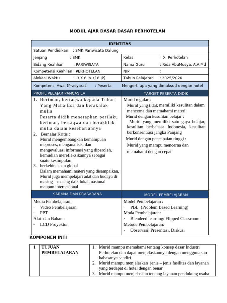 Modul Ajar 1 Dasar Dasar Perhotelan | PDF