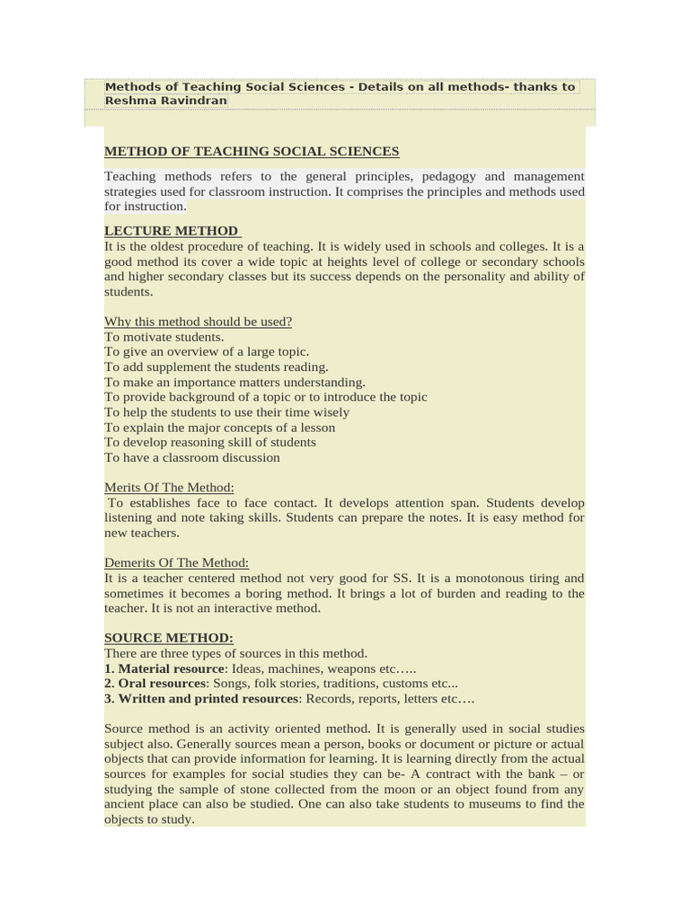 Methods of Teaching Social Sciences | PDF | Metacognition | Learning