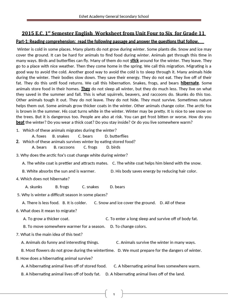 Grade 11 Winter Animal Survival Worksheet | PDF