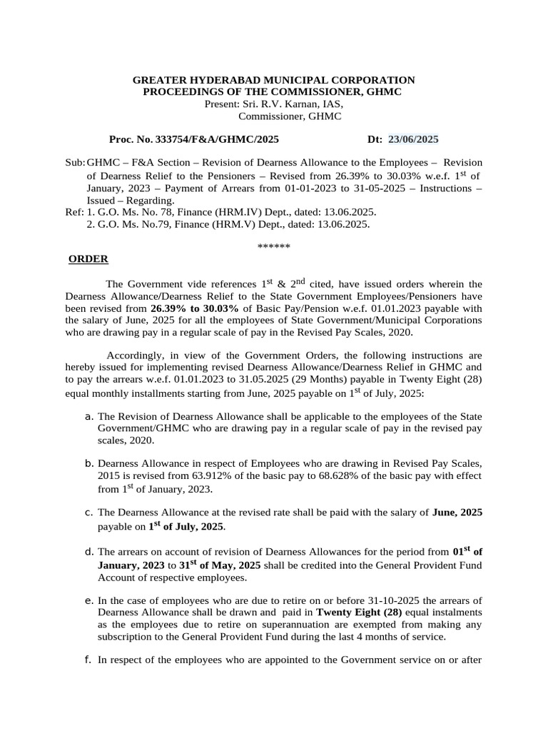 GHMC Dearness Allowance Revision 2025 | PDF | Pension | Employment ...