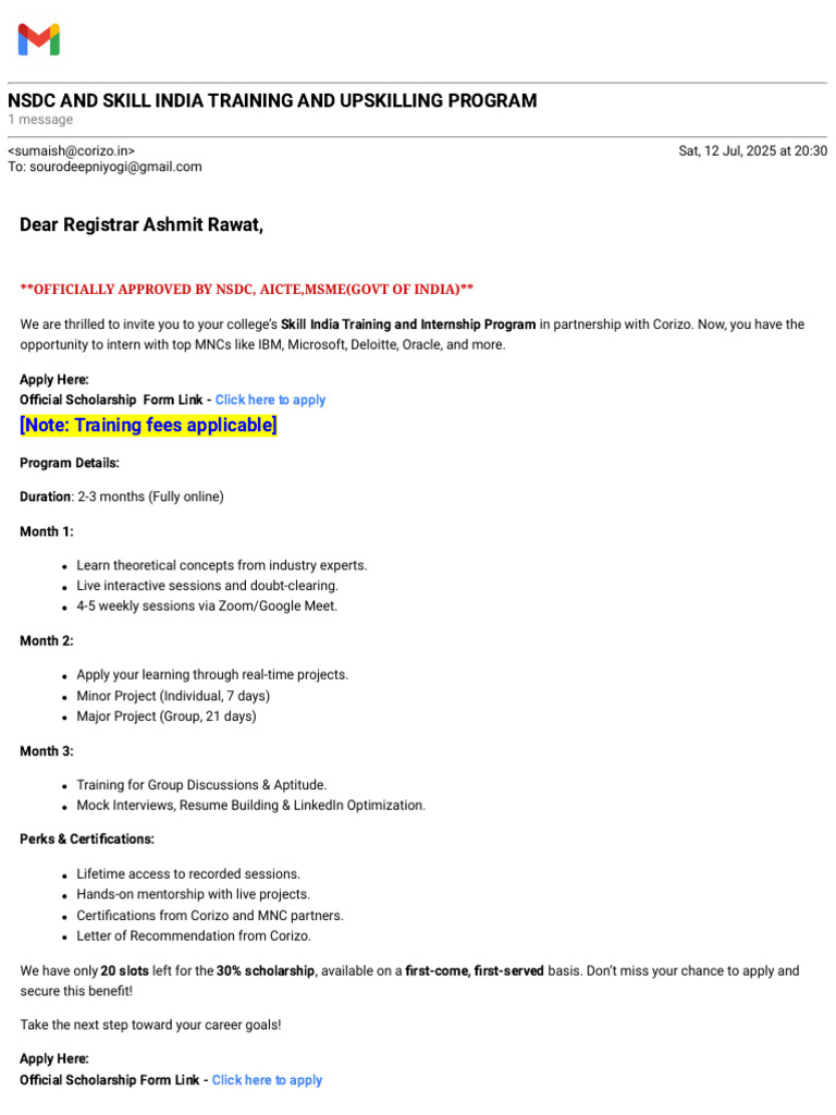 Gmail - NSDC and Skill India Training and Upskilling Program | PDF