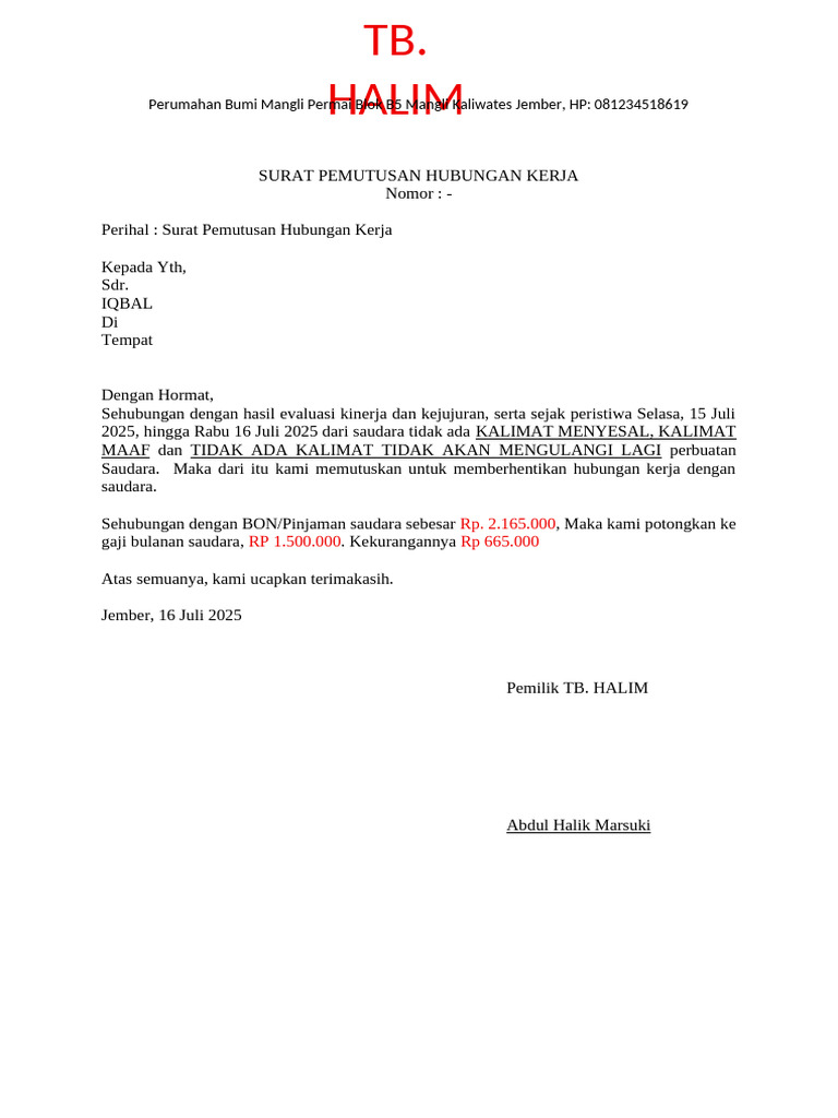 Surat Pemutusan Kerja | PDF