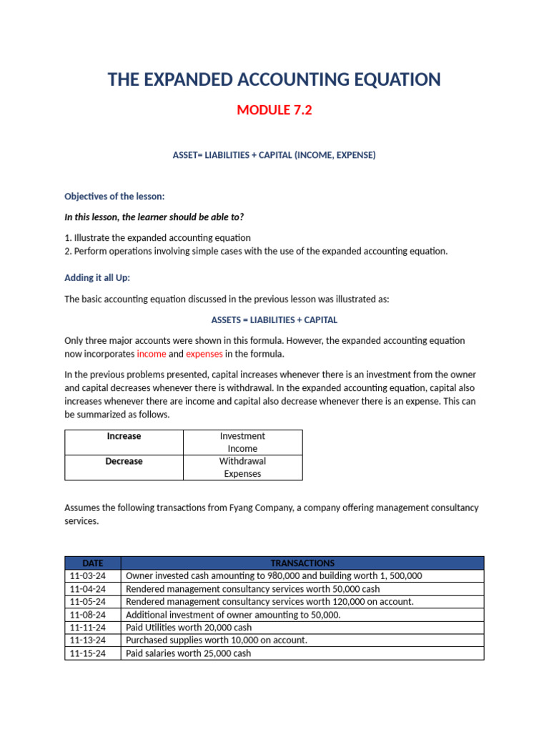 Module 7.2 The Expanded Accounting Equation | PDF | Expense | Balance Sheet