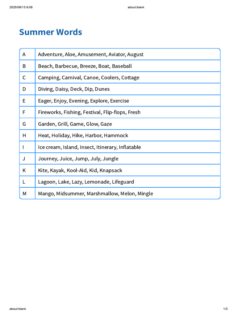 Summer Vocabulary Flashcards | PDF