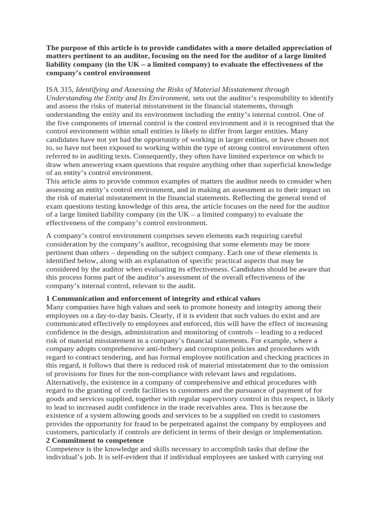 Ariticle Isa 315 Internal Control | PDF | Internal Control | Audit