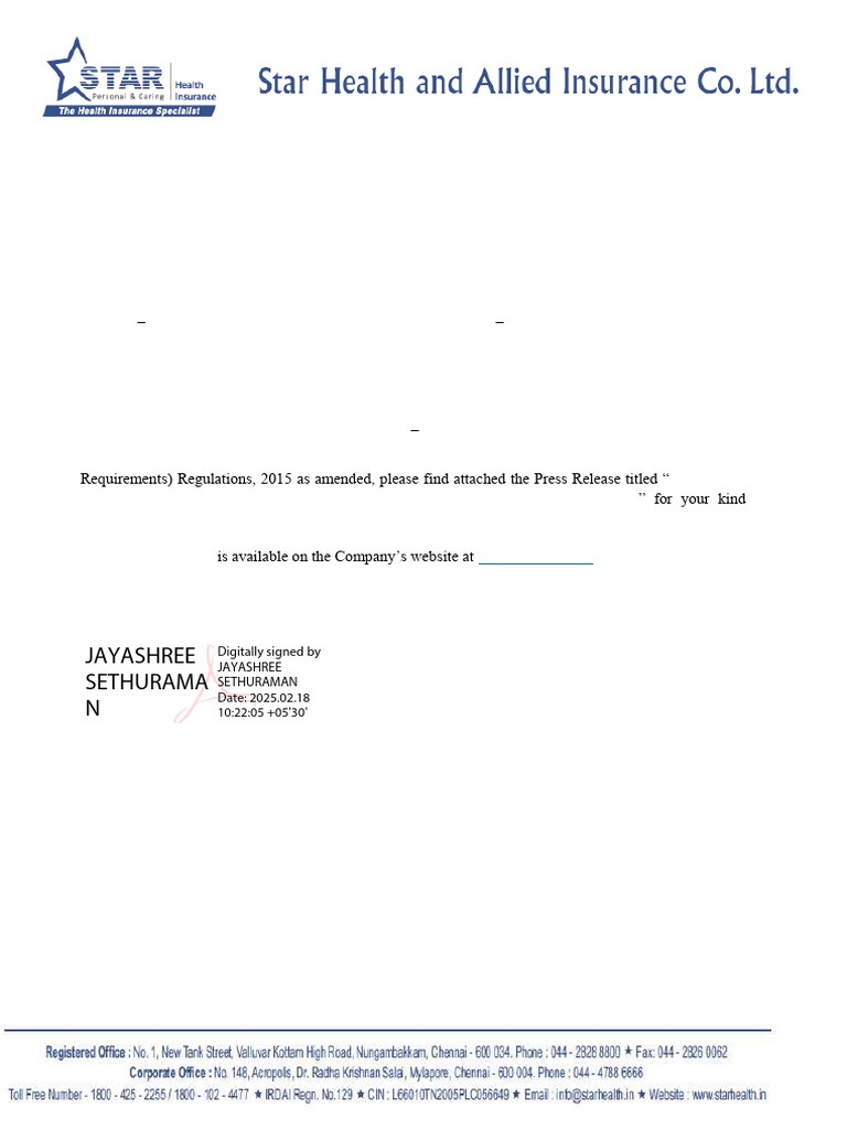 Jayashree Sethurama N: Date: February 18, 2025 Place: Chennai Ref: SHAI/B & S/SE/198/2024-25 ...