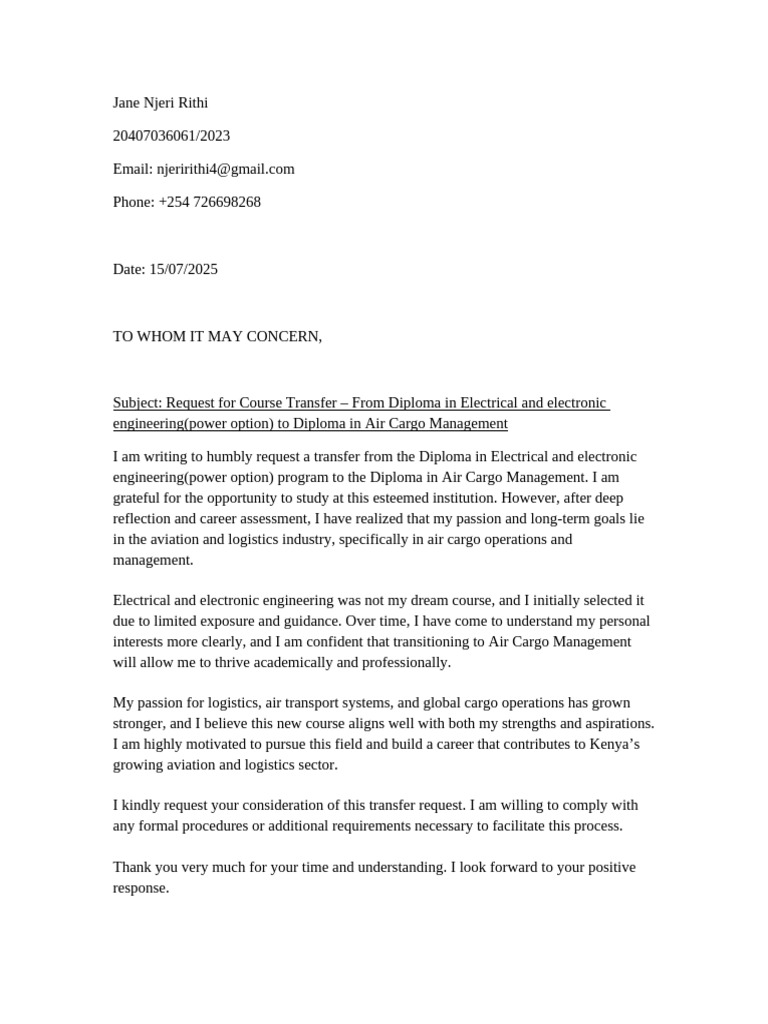Course Transfer Request Jane Njeri | PDF