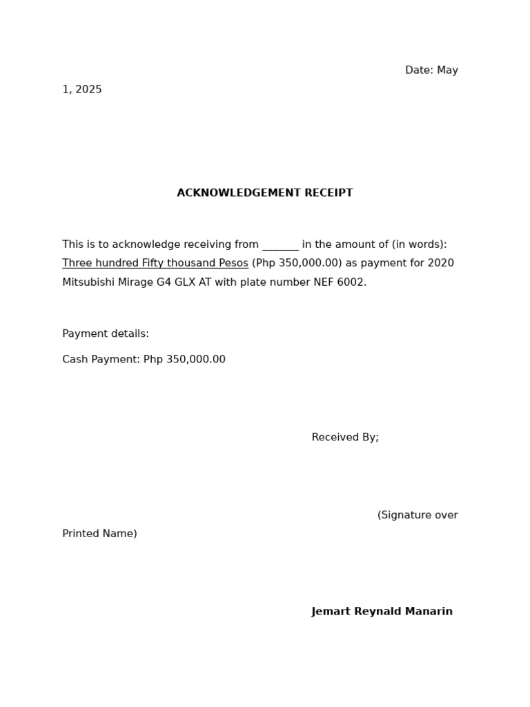 Acknowledgment Receipt for Car Payment | PDF