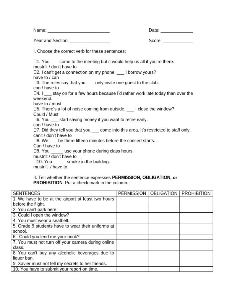 Quiz English 9 - 1ST Lesson Modals | PDF