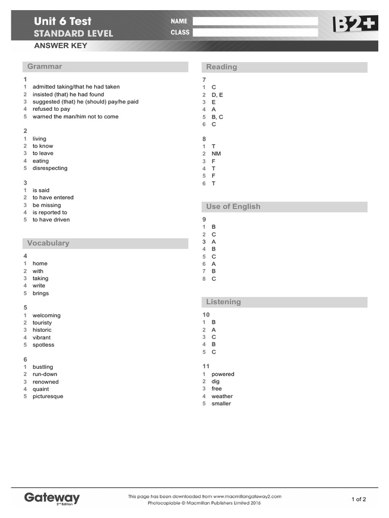 B2PLUS UNIT 6 Test Answer Key Standard | PDF | Linguistics | Human ...