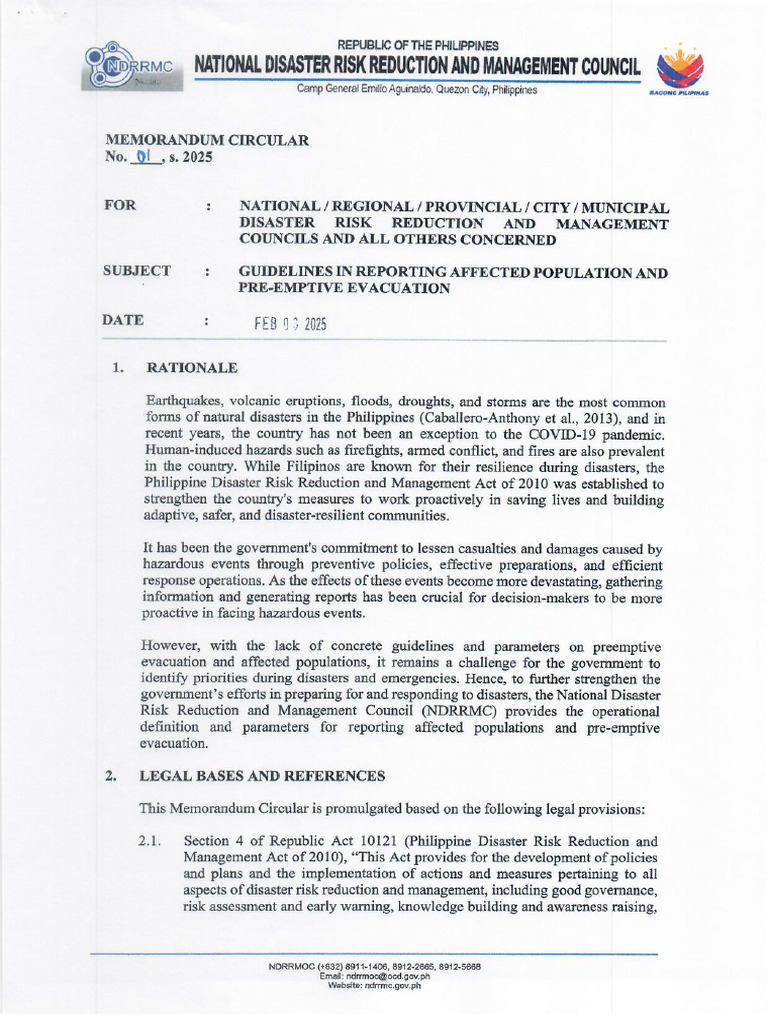 NDRRMC Memorandum Circular No. 1, S 2025 - Guidelines in Reporting ...