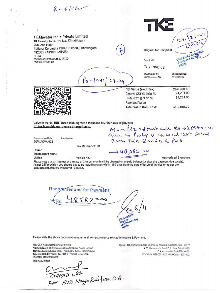 TK Elevator India PVT LTD - Bill | PDF | Business Documents