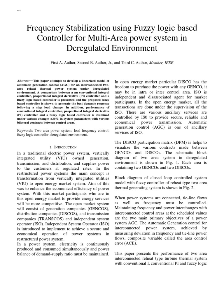 Frequency Stabilization Using Fuzzy Logic Based Controller For Multi-Area Power System in ...
