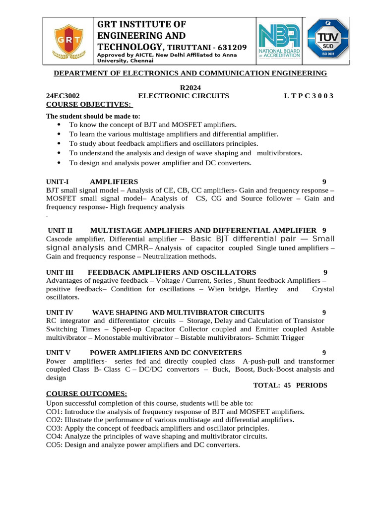 24ec3002 Electronic Circuits Syllabus | PDF | Amplifier | Electronic Oscillator