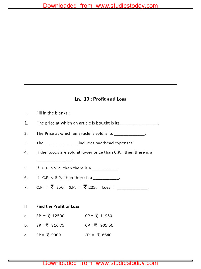 Class 5 Profit and Loss Worksheet | PDF