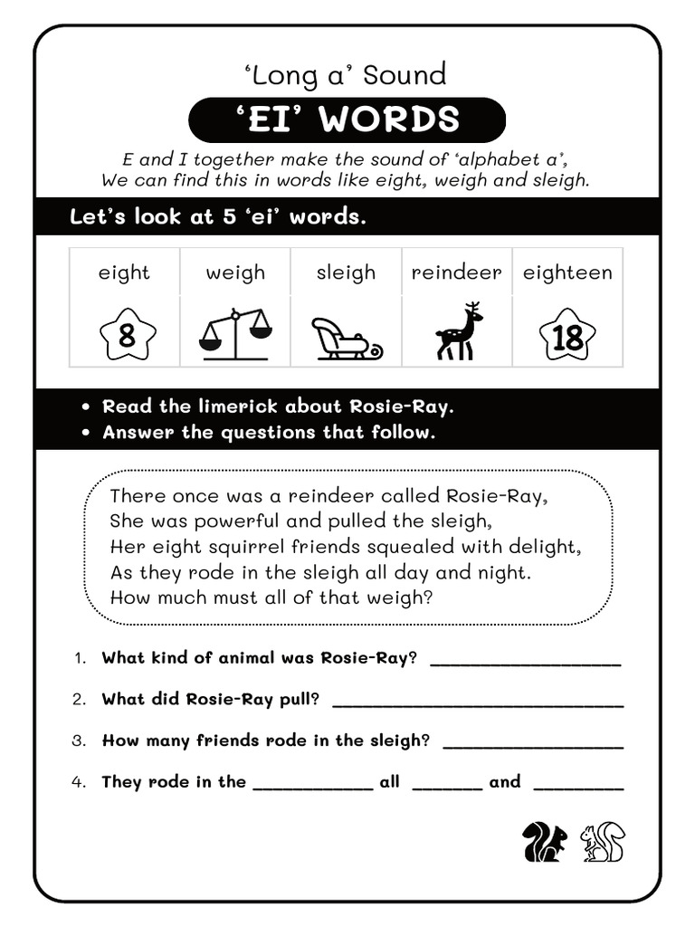 English Long A Sound 'Ei Words' Reading Comprehension Worksheet in ...