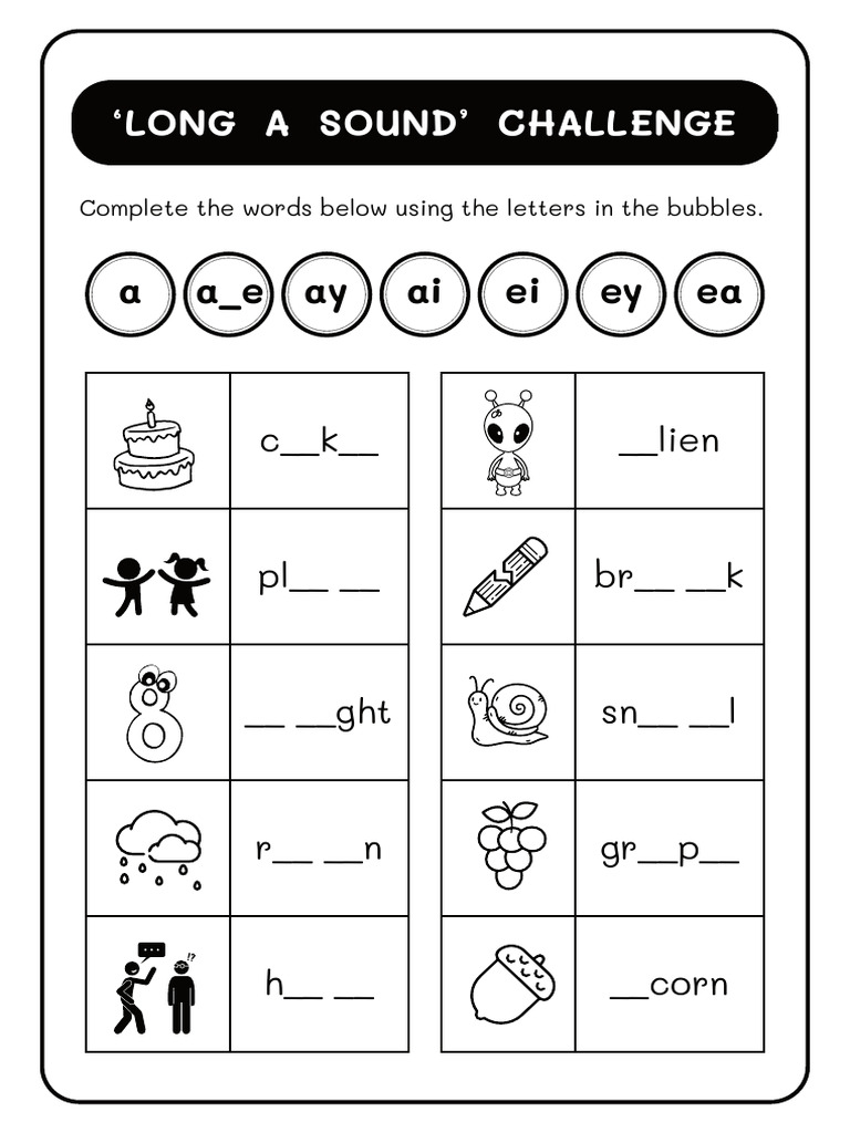 English 'Long A Sound' Challenge Worksheet Black and White Lined Style ...