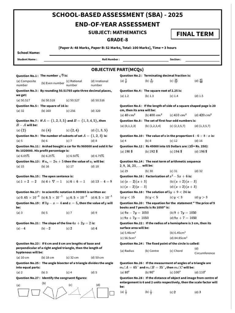 Grade 8 Mathematics Assessment 2025 | PDF | Triangle | Euclidean Geometry