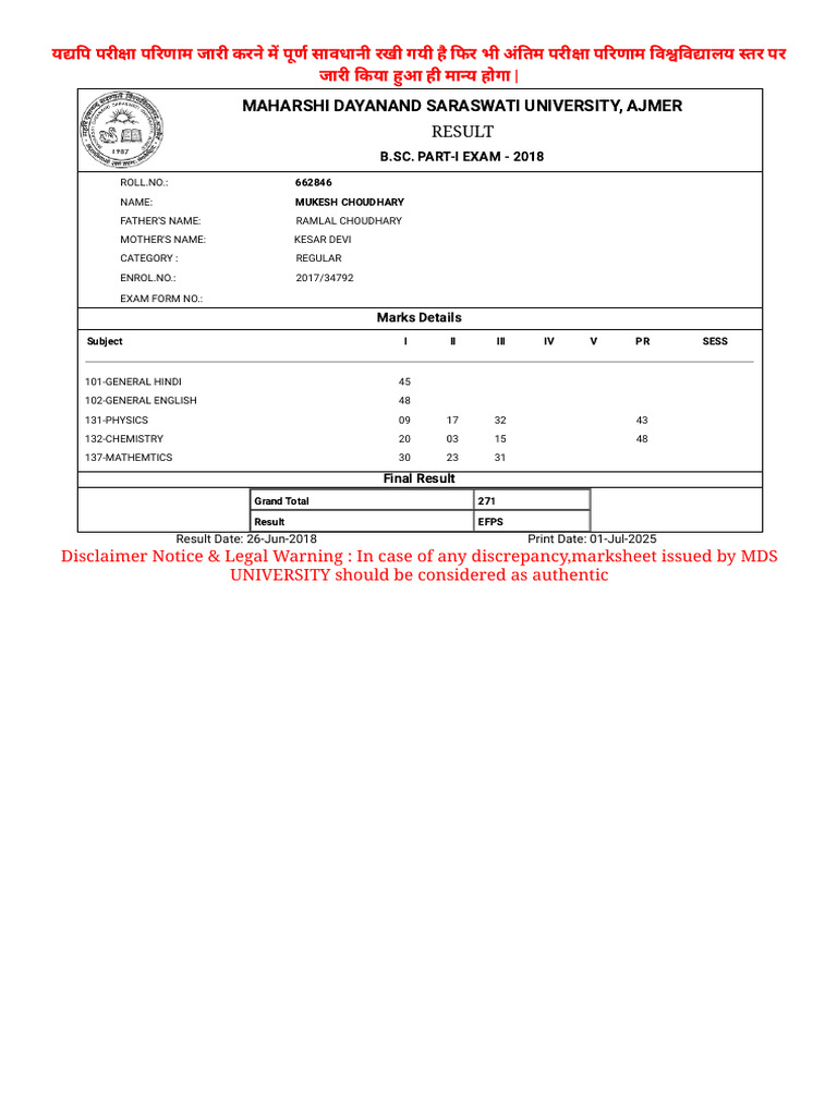 1st Year Marksheet | PDF